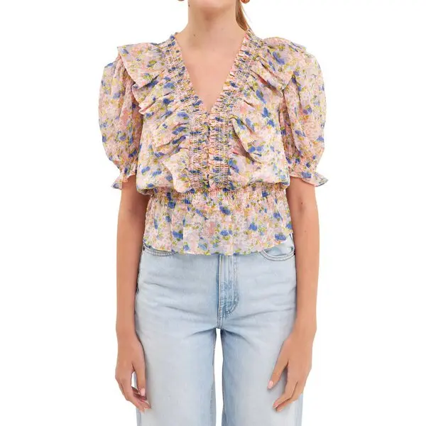 Endless Rose Smocked Ruffle Floral Blouse - Pink Multi