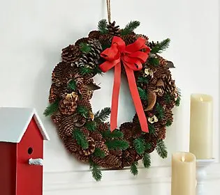 EBENEZER & CO. 18' Pinecone & Greenery Wreath With Red Bow - One-color