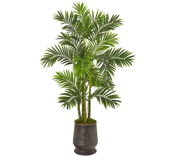 NEARLY NATURAL 63in. Areca Palm Tree In Ribbed Metal Planter - One-color