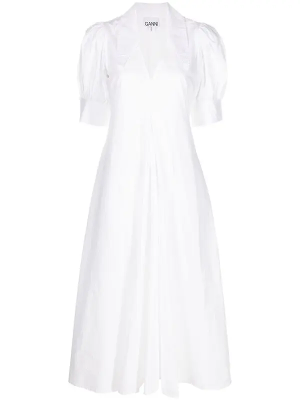 GANNI V-neck Organic Cotton Midi Dress