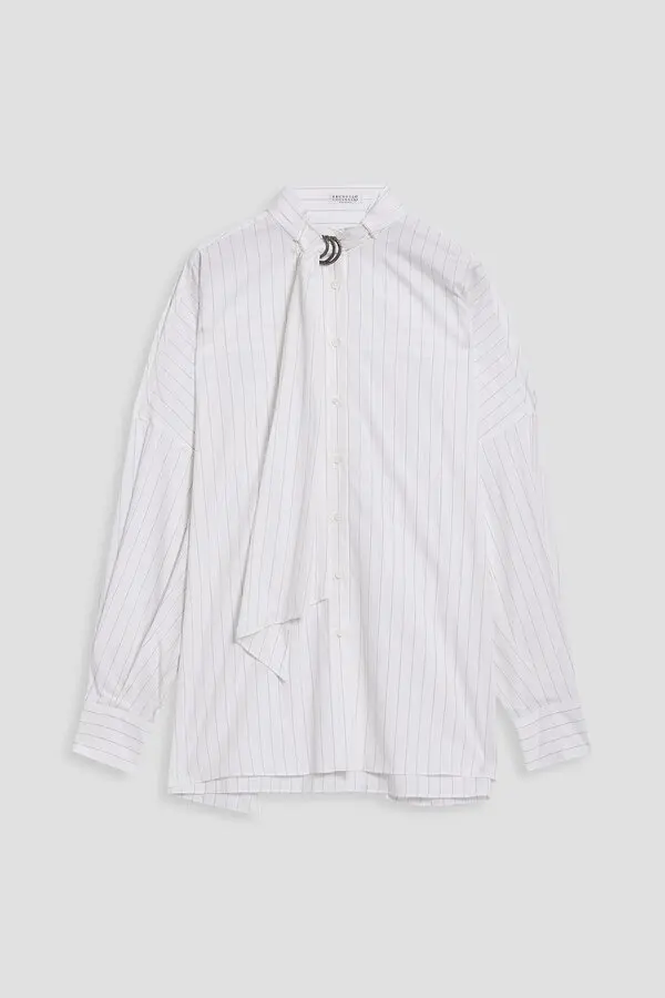 Brunello Cucinelli Striped Cotton And Silk-blend Shirt With Ring Embellishment - White