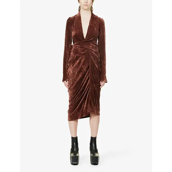 Rick Owens Plunge-neck Crushed-velvet Midi Dress