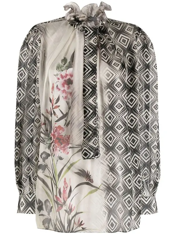 Alberta Ferretti Silk Floral & Geometric Print Frilled High Neck Blouse