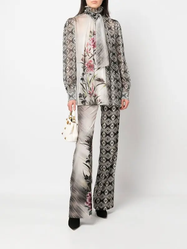 Alberta Ferretti Silk Floral & Geometric Print Frilled High Neck Blouse