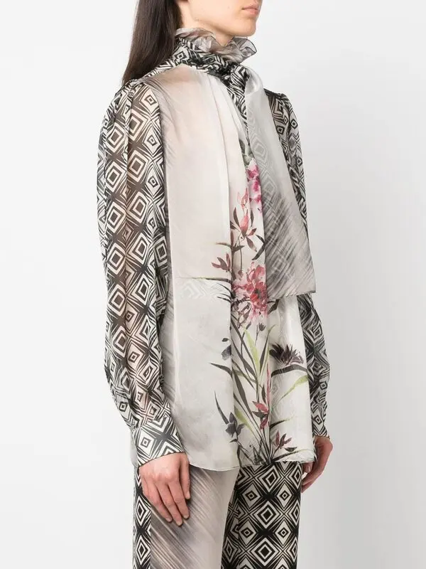 Alberta Ferretti Silk Floral & Geometric Print Frilled High Neck Blouse