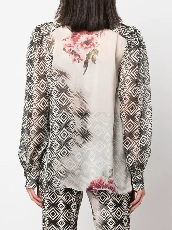 Alberta Ferretti Silk Floral & Geometric Print Frilled High Neck Blouse