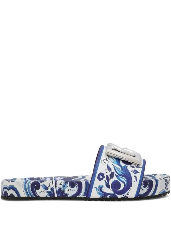 Dolce & Gabbana Majolica-print Leather Slides - Blue