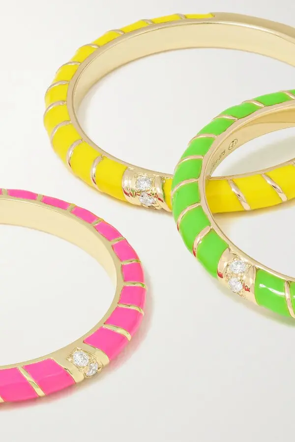 Yvonne Léon Alliance Set Of Three 9-karat Enamel, And Diamond Stacked Rings