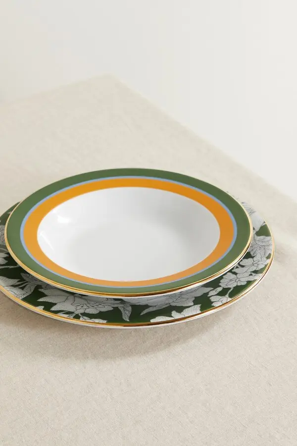 La DoubleJ Libellula Gold-plated Porcelain Soup And Dinner Plate Set - Green