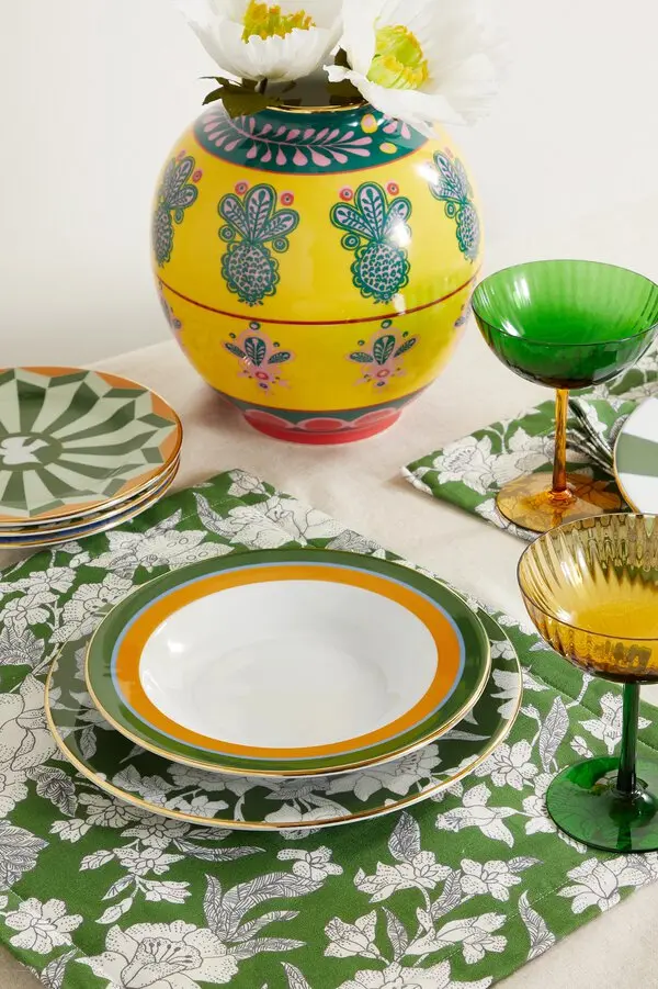 La DoubleJ Libellula Gold-plated Porcelain Soup And Dinner Plate Set - Green