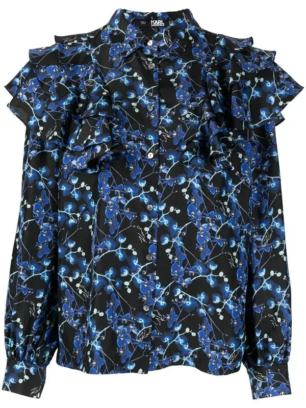 Karl Lagerfeld Orchid Print Silk Shirt - Black