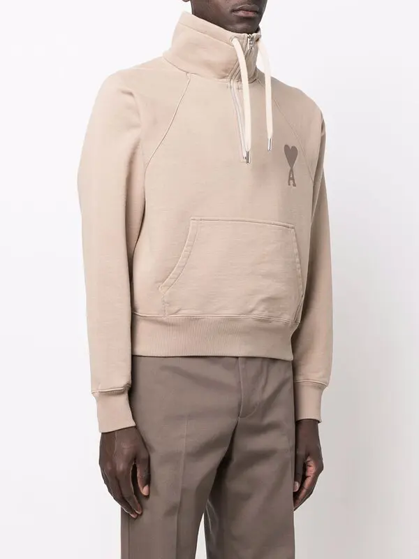 Ami Paris De Coeur Half-Zip Sweatshirt In Neutrals - 30% Off