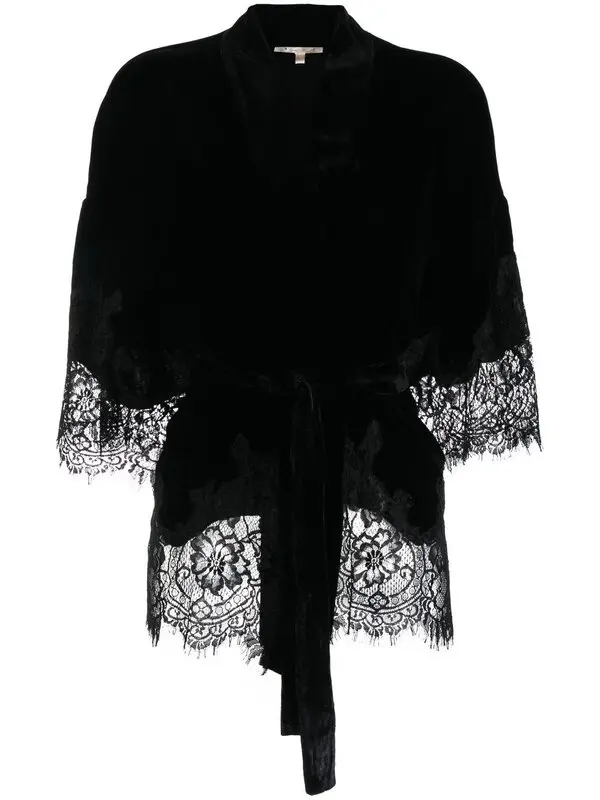 Gold Hawk Lace-detail Velvet Belted Jacket - Black