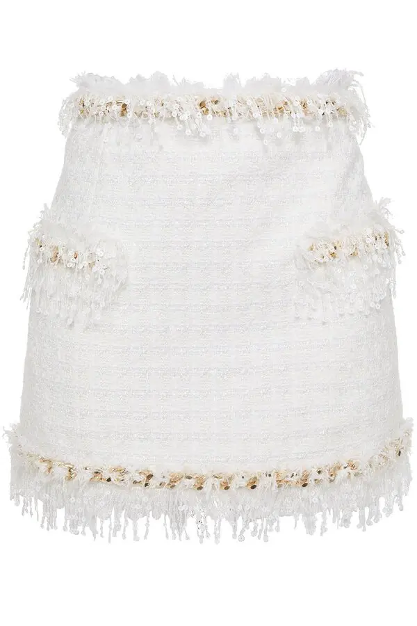 Balmain Fringed Embellished Tweed Mini Skirt - Off-white