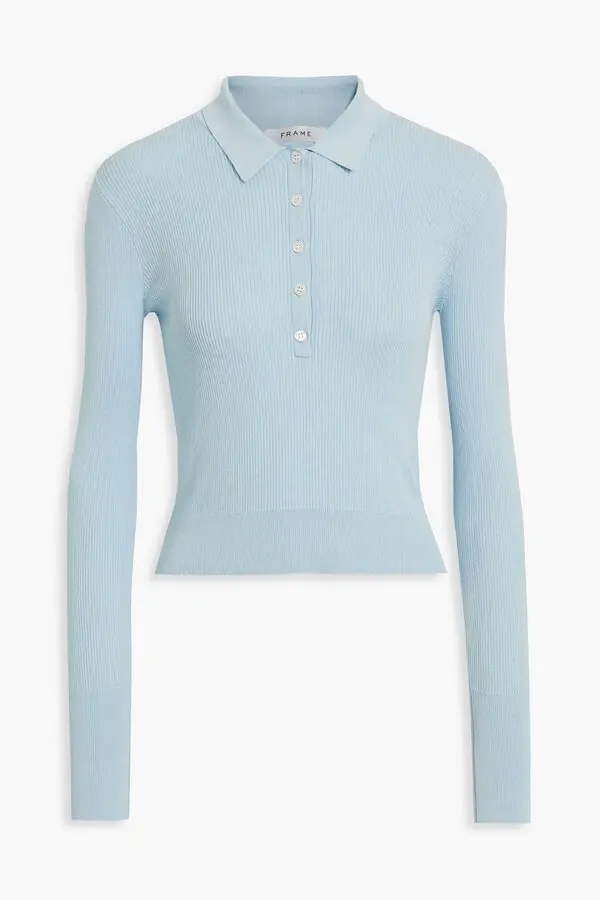 FRAME Ribbed Silk And Cottonblend Polo Sweater - Light Blue