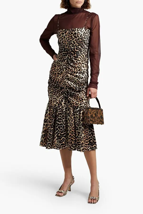 ganni tiger print organza dress GANNI Tiger-Print Ruffled Organza Dress