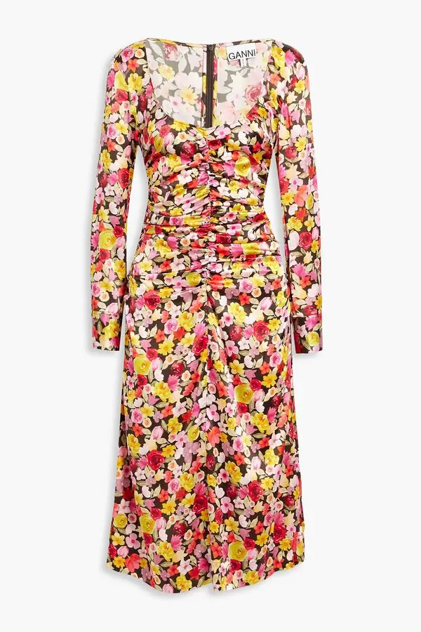 GANNI Ruched Floral-print Midi Dress