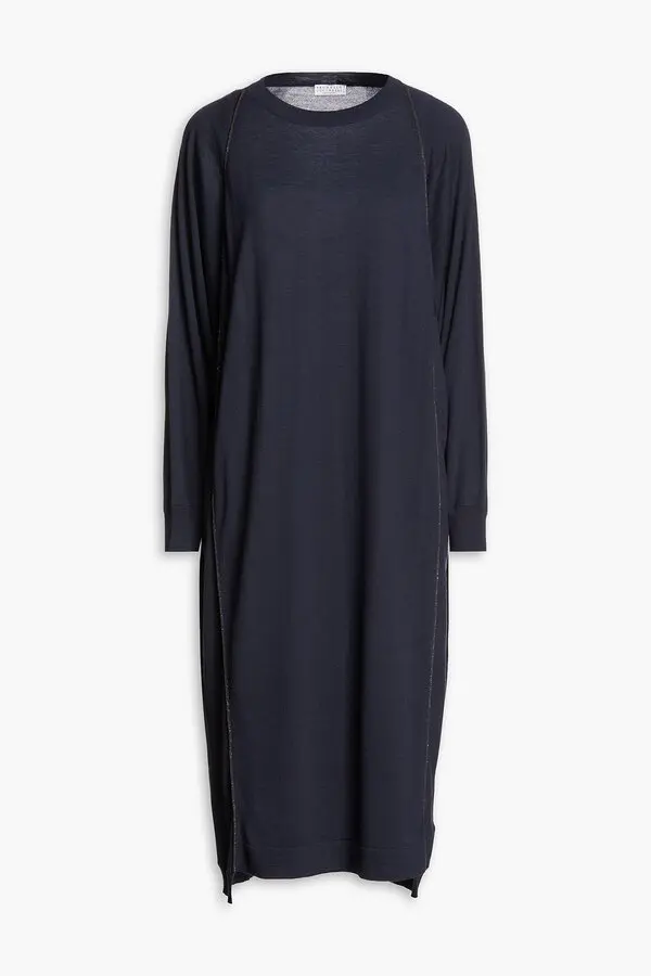 Brunello Cucinelli Bead-embellished Wool And Cashmere-blend Midi Dress - Midnight Blue