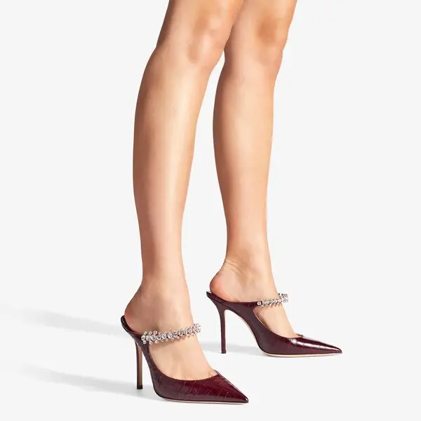JIMMY CHOO Bing 100 Burgundy Croc-embossed Leather Pumps With Crystal Strap Burgundy