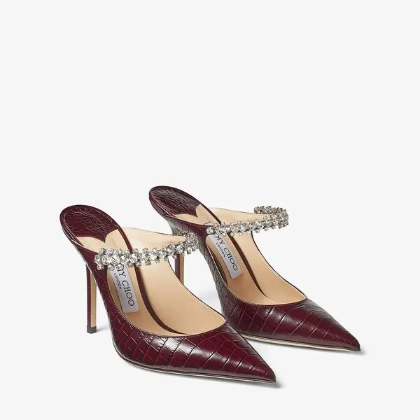 JIMMY CHOO Bing 100 Burgundy Croc-embossed Leather Pumps With Crystal Strap Burgundy