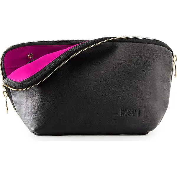 KUSSHI Signature Leather Makeup Bag - Black Leather/ Pink