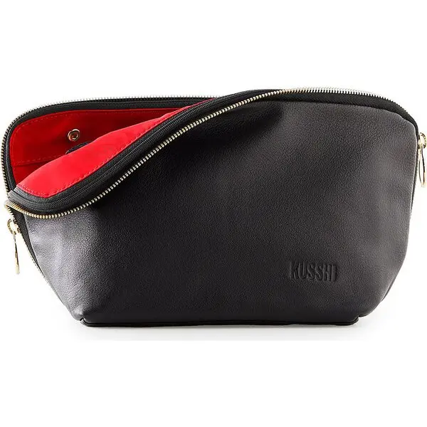 KUSSHI Signature Leather Makeup Bag - Black Leather/ Red