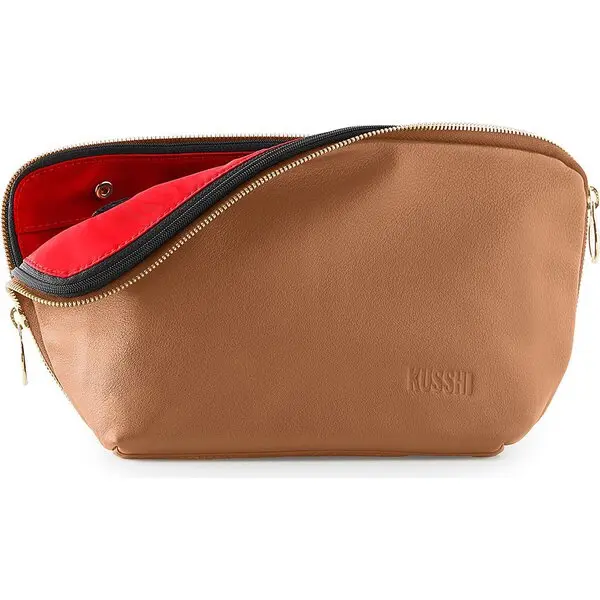 KUSSHI Signature Leather Makeup Bag - Camel Leather/ Red