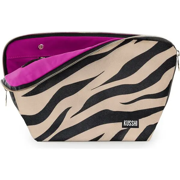 KUSSHI Vacationer Makeup Bag - Zebra Beige/ Fuschia