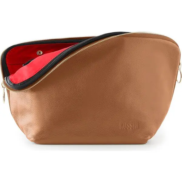 KUSSHI Vacationer Leather Makeup Bag - Camel Leather/ Red