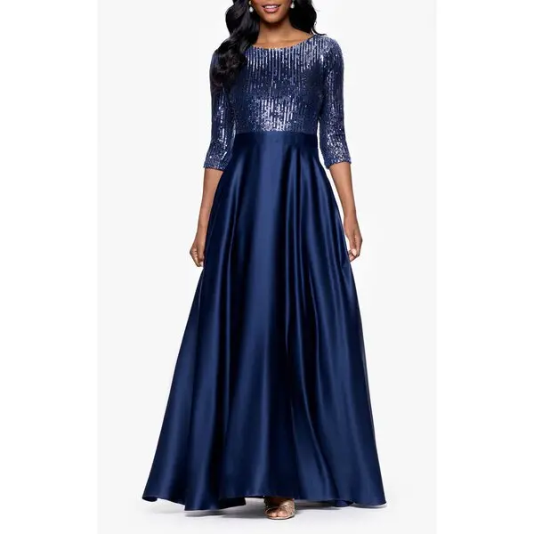 Betsy & Adam Sequin Bodice Satin Ballgown - Navy