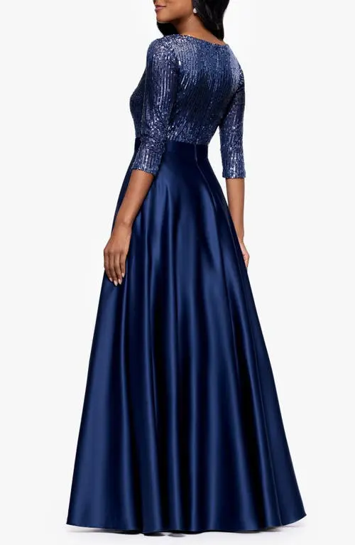 Betsy & Adam Sequin Bodice Satin Ballgown - Navy