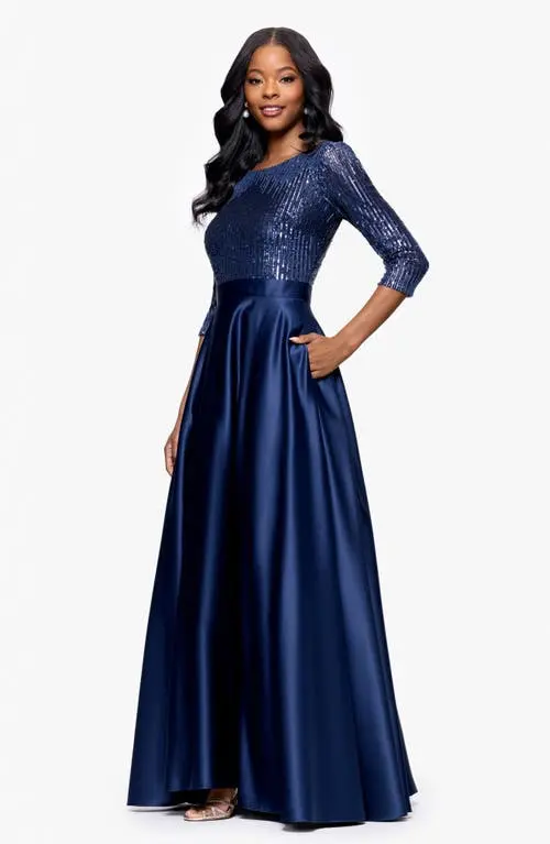 Betsy & Adam Sequin Bodice Satin Ballgown - Navy
