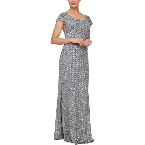 Alex Evenings Sequin Scoop Neck Cap Sleeve Gown