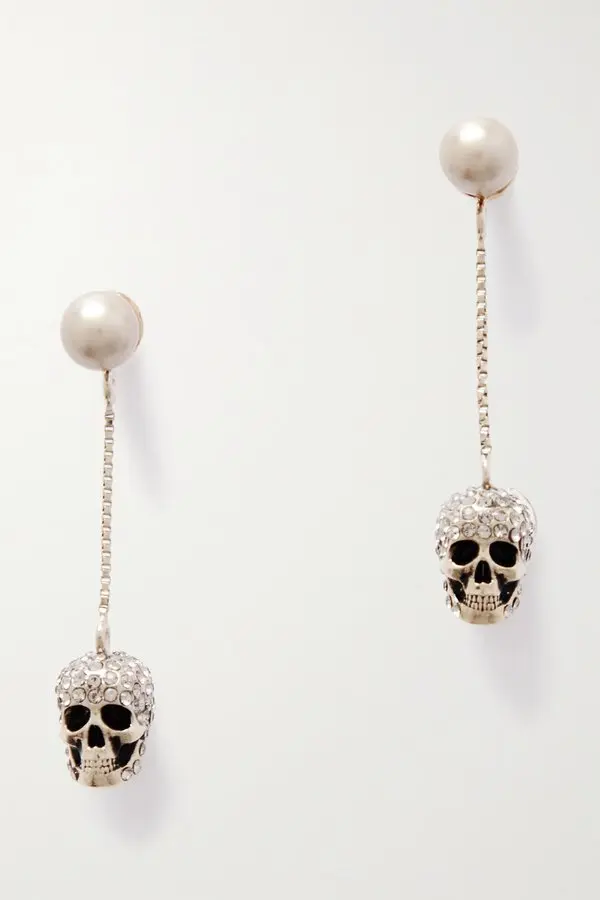 Alexander McQueen Tone Swarovski Crystal And Faux Pearl Skull Earrings - Gold