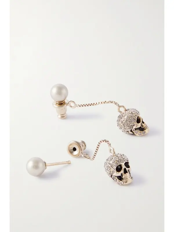 Alexander McQueen Tone Swarovski Crystal And Faux Pearl Skull Earrings - Gold