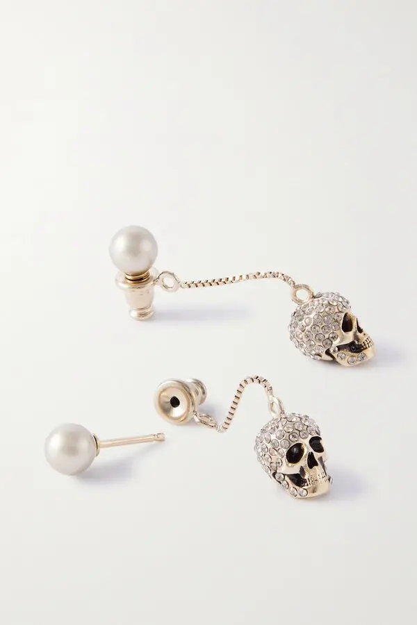Alexander McQueen Tone Swarovski Crystal And Faux Pearl Skull Earrings - Gold