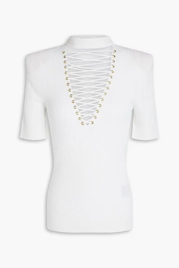 Balmain Ribbed-knit Lace-up Top