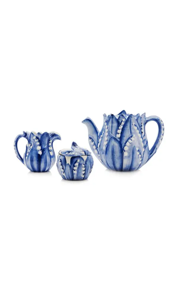 MODA DOMUS Lily Of The Valley Ceramic Teapot; Cream; And Sugar Set - Blue