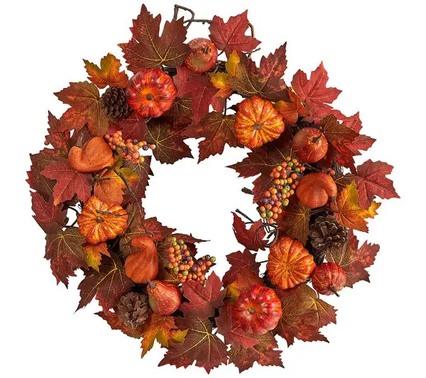 NEARLY NATURAL 24' Maple Leaf Wreath W/pumpkin, Berries - One-color