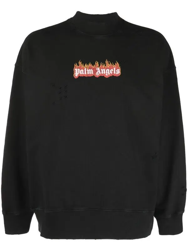 Palm Angels Burning Logo-print Distressed Sweatshirt - Black