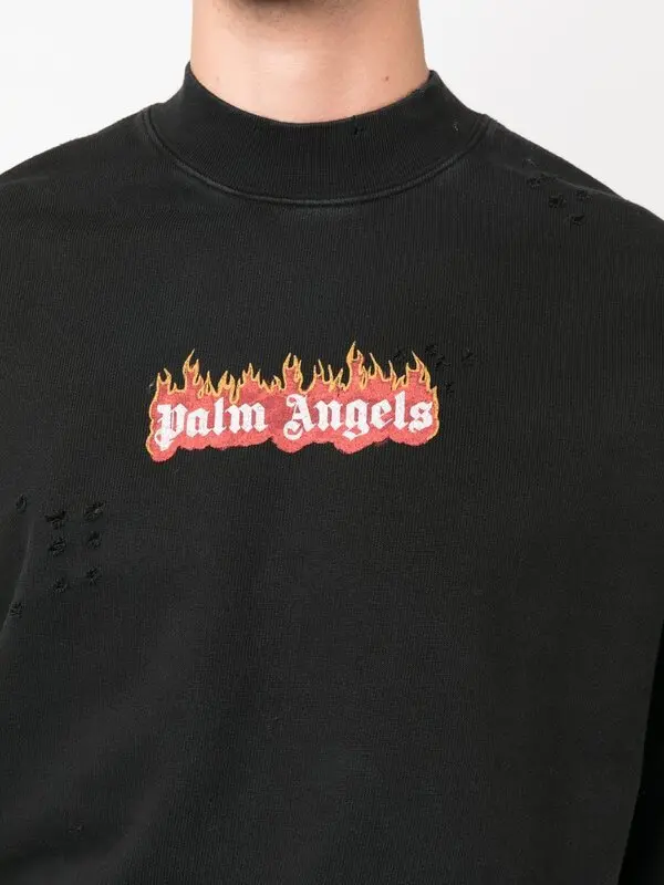 Palm Angels Burning Logo-print Distressed Sweatshirt - Black