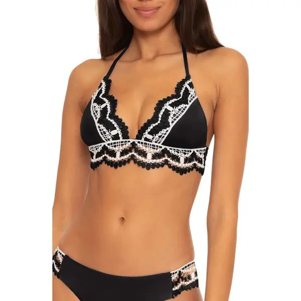 BECCA By Rebecca Virtue Delilah Crochet Trim Halter Bikini Top - Black