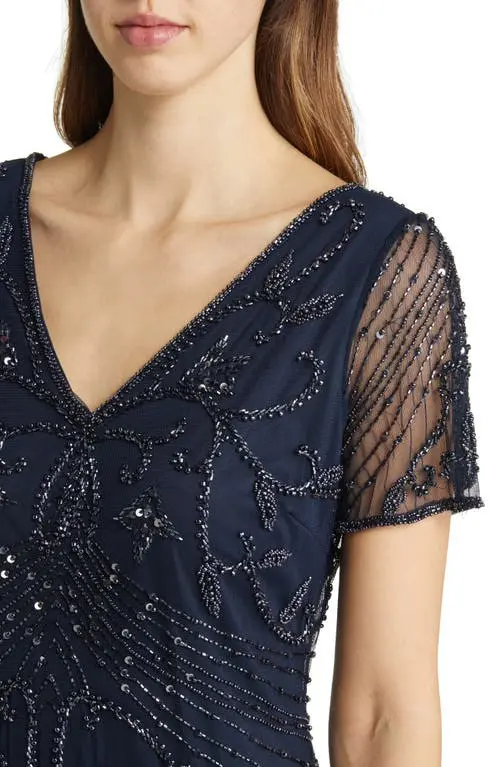 Pisarro Nights Beaded Double V-Neck Dress - Navy | Editorialist