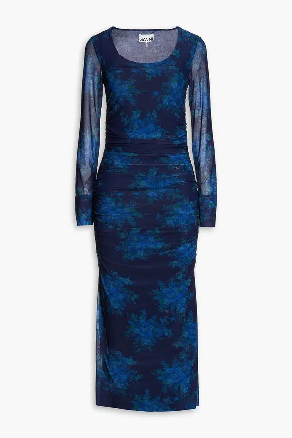 GANNI Ruched Floralprint Mesh Midi Dress - Navy