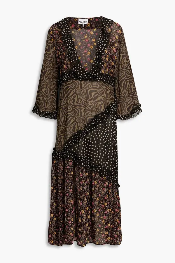 GANNI Patchworkeffect Printed Chiffon Midi Dress - Multicolor