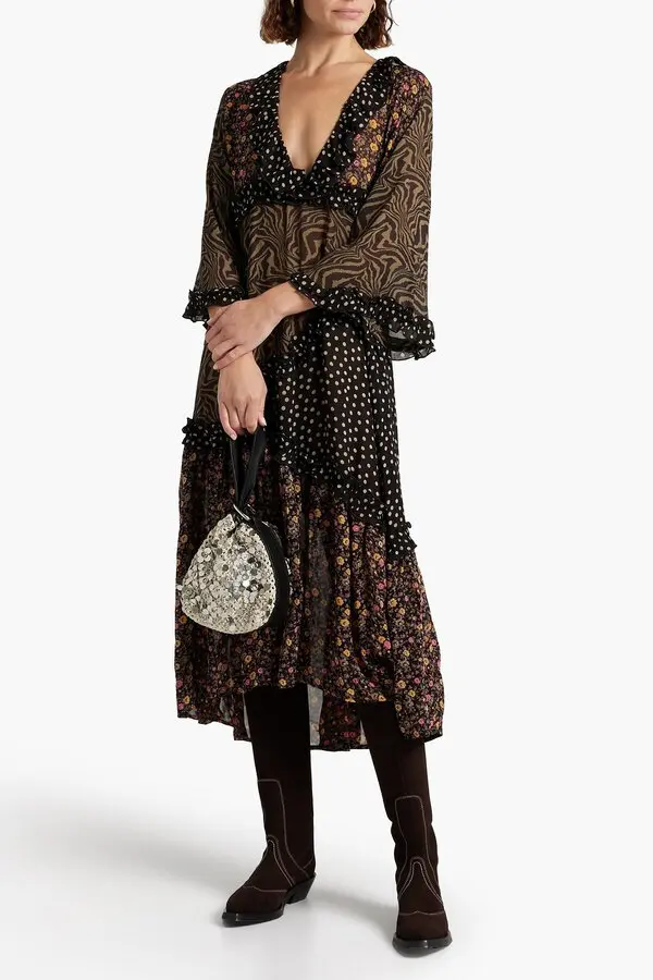 GANNI Patchworkeffect Printed Chiffon Midi Dress