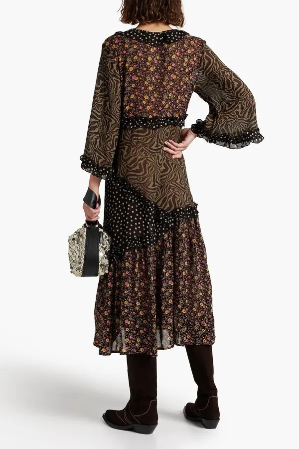 GANNI Patchworkeffect Printed Chiffon Midi Dress
