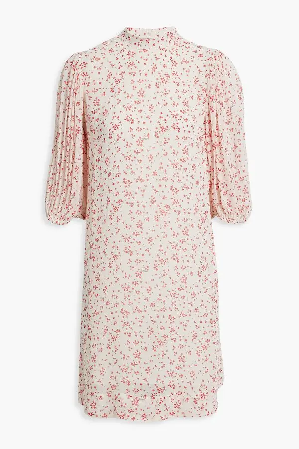 GANNI Gathered Printed Chiffon Mini Dress - Ecru