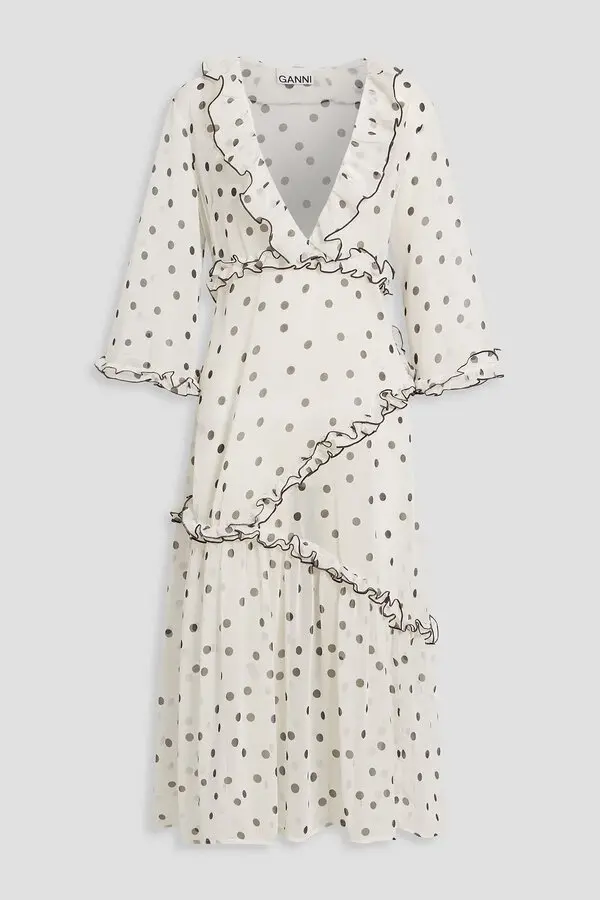GANNI Ruffled Polkadot Chiffon Midi Dress - White