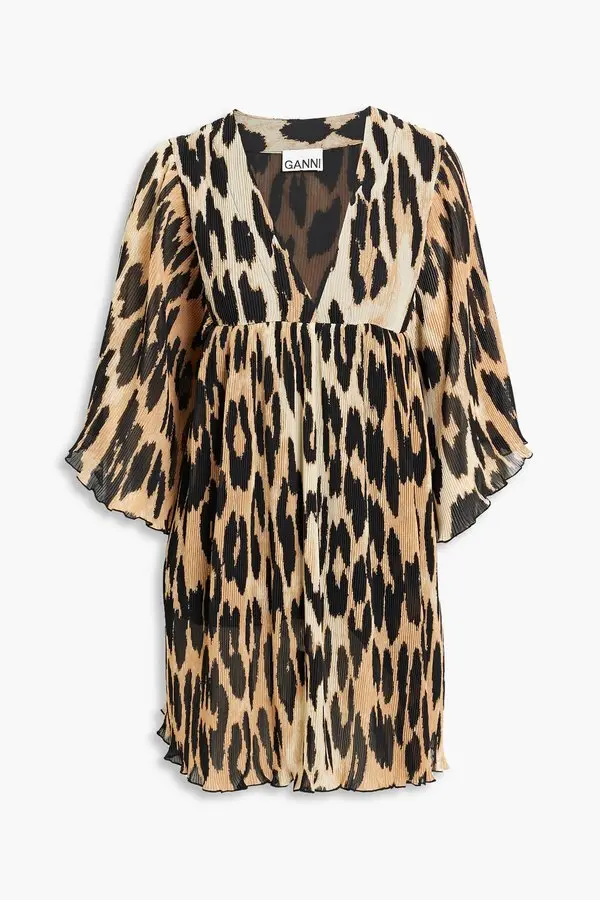 GANNI Leopardprint Plissé Crepe De Chine Mini Dress - Black
